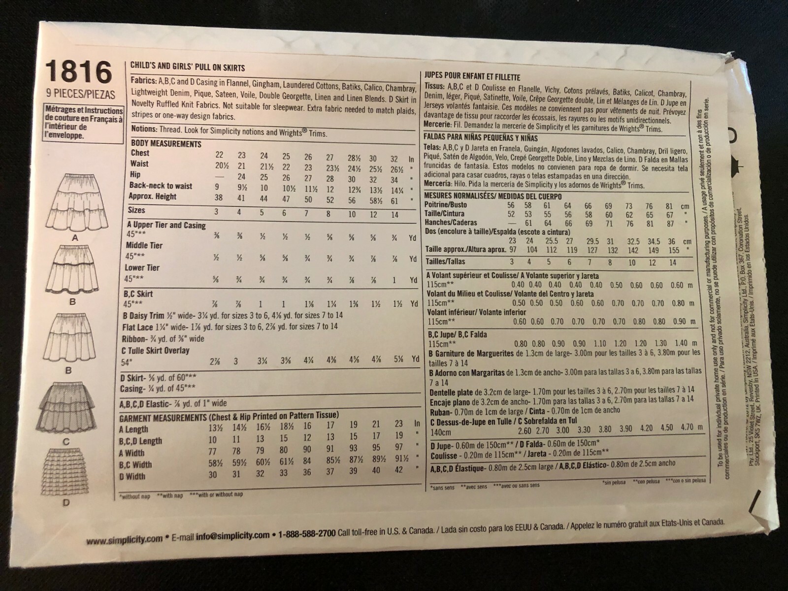 Simplicity Pattern 1816 Girls SUEDE SAYS Pull-On Skirts w/Tier & Trim ...