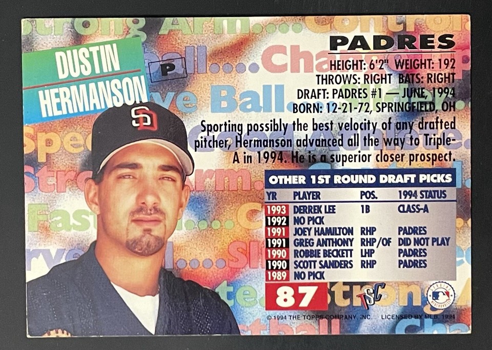1994 Topps Stadium Club #87 Dustin Hermanson San Diego Padres ...