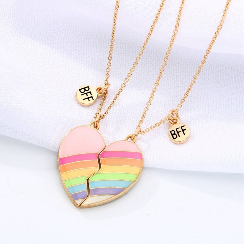 2pcs BFF Necklace Stitching Heart Rainbow Best Friends Pendant Chain ...
