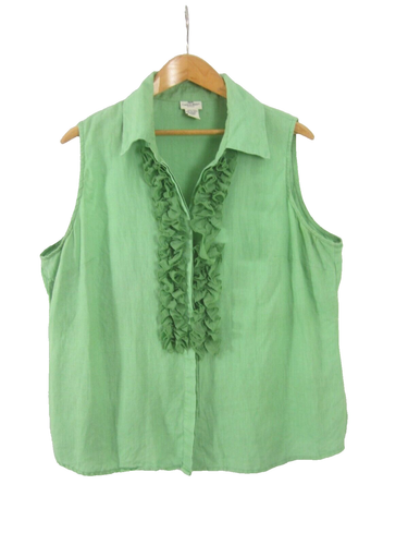Carroll Reed Womens Plus 1X Green 100% Linen Ruffle Front Sleeveless ...