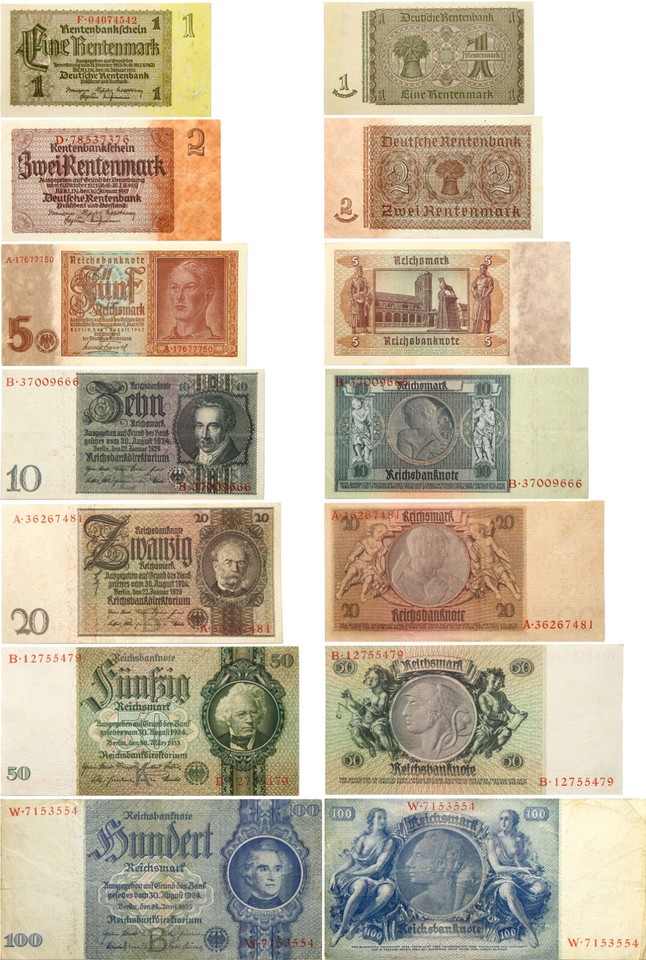 Germany Nazi Third Reich LOT 7 BANKNOTES 1 2 5 10 20 50 100 Reichsmark ...