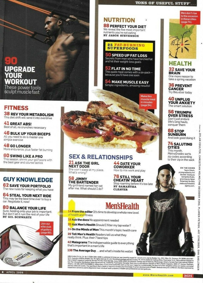 Men's Health Magazine Taylor Kitsch Muscle Gain Weight Loss Super Foods ...