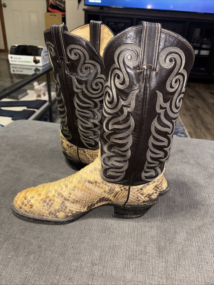 Vintage Tony Lama Python Snakeskin Men's 9 1/2 d Cowboy Brown Western ...
