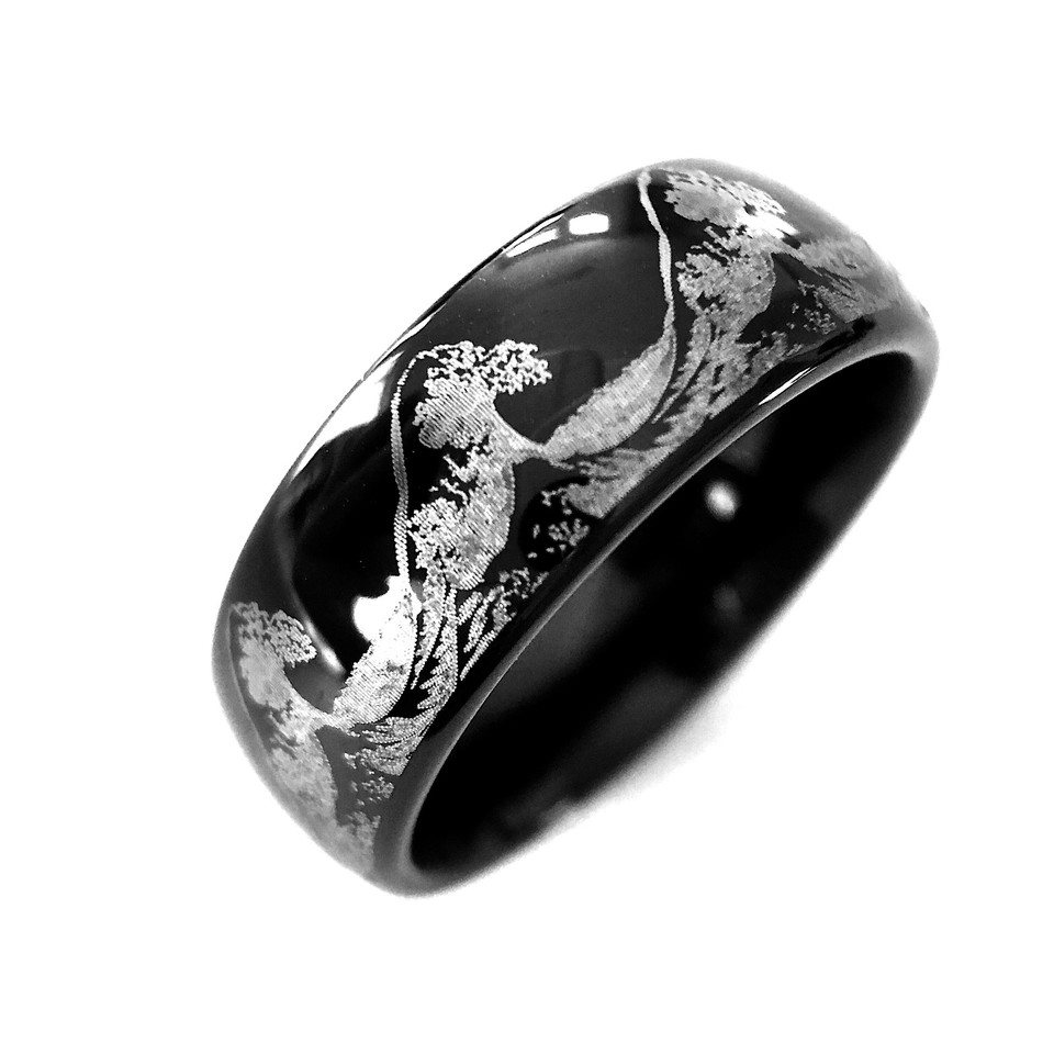 Men's Tungsten Ring Ocean Ring Wave Ring Black Tungsten Wedding Bands ...