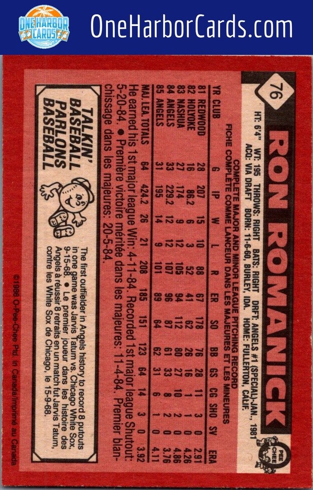 1986 O-Pee-Chee California Angels #76 Ron Romanick | eBay