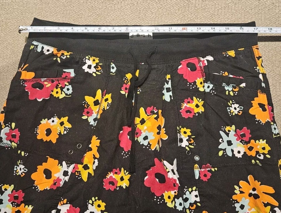 Dash Womens Black Multi Color Floral Elastic Waist Capris Size L Cotton ...