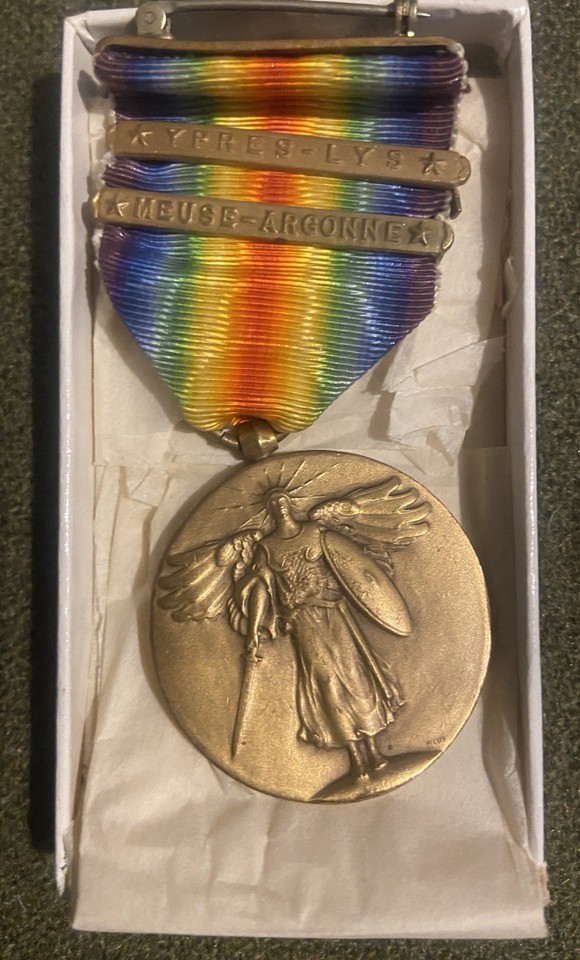 US WWI Victory Medal IN ORIGINAL BOX w/ YPRES LYS AND MEUSE ARGONNE ...