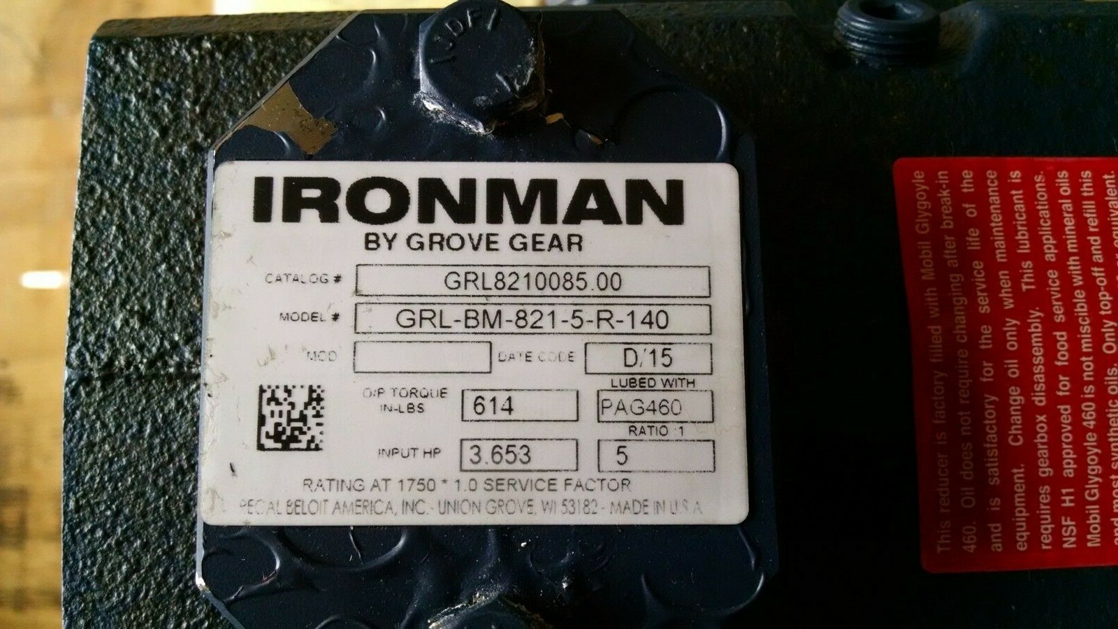 Grove Ironman Right Angle Speed Reducer GRL-BM-821-5-R-140 5:1 Ratio 3. ...