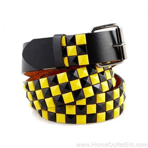 3-Row Metal Pyramid Studded Leather Belt 2-Tone Checker Punk Rock Goth ...