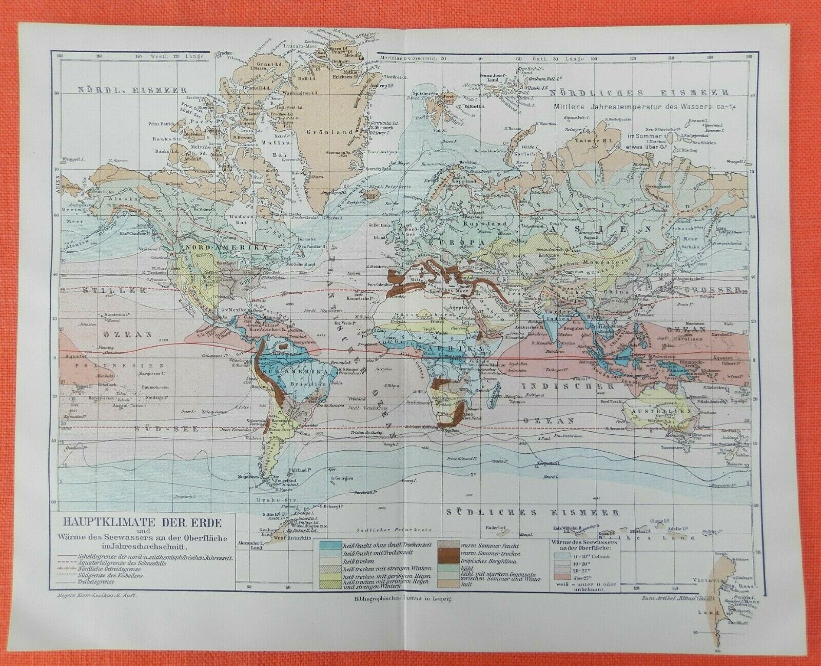 HAUPTKLIMAKARTE DER ERDE 1910 Wärme des Seewassers an der Oberfläche | eBay