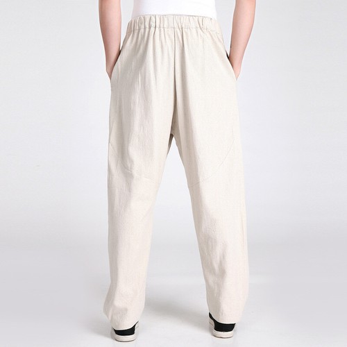 Men Chinese Kung Fu Pants Martial Art Linen Tang Suit Trouser Elastic ...