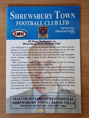 Shrewsbury Town v Aston Villa Programme Malcolm Starkey Testimonial ...