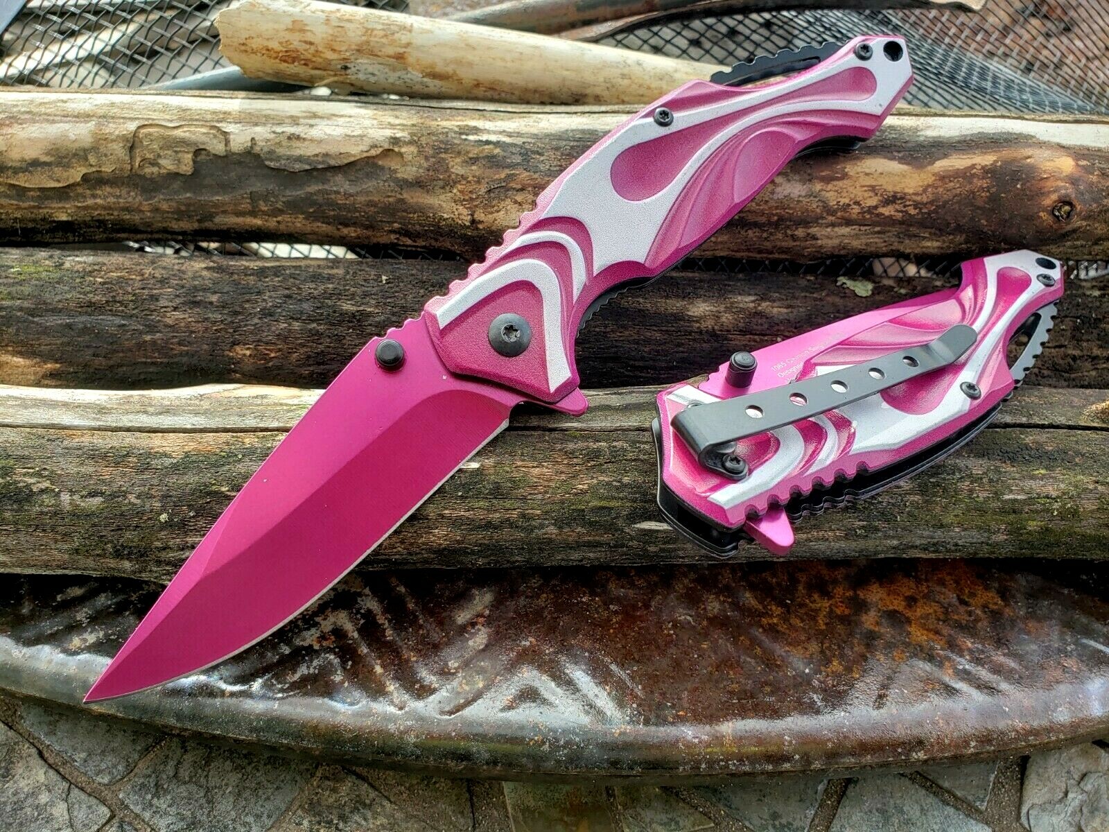 Pink White Black Thumb Stud Pocket Knife 1065 Surgical Steel Liner Lock ...