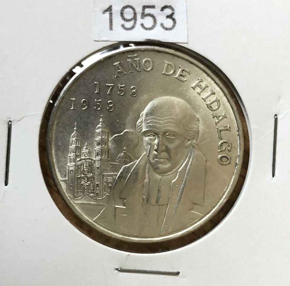 MEXICO 1953 SILVER $5 PESOS HIDALGO BICENTENNIAL LEY 0.720 CONDITION AU ...
