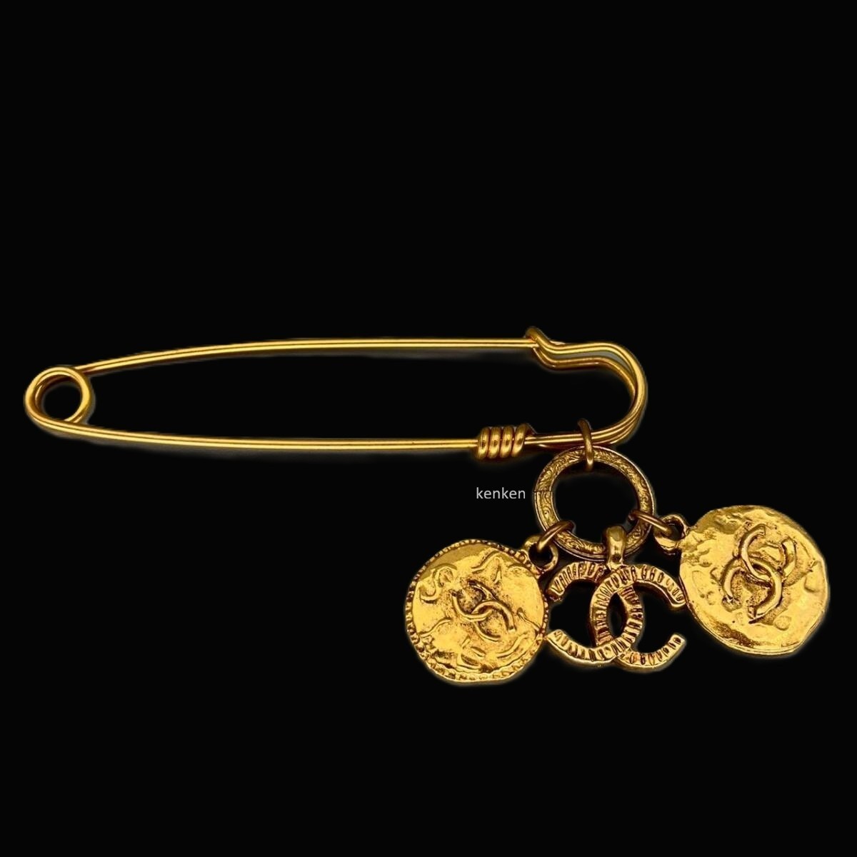 CHANEL Brooch AUTH Coco Pin Gold Logo Medal Coin CC Mark Swing Vintage ...