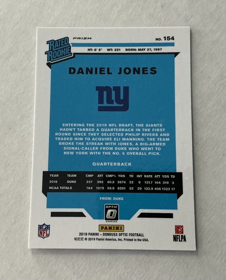 Daniel Jones 2019 Optic Red/Yellow PRIZM Rated Rookie Giants/Colts ...