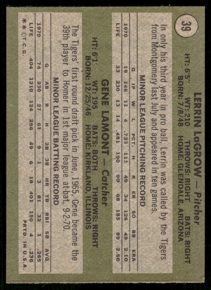 1971 Topps Tigers Rookies - Lerrin LaGrow/Gene Lamont Rookie Detroit ...