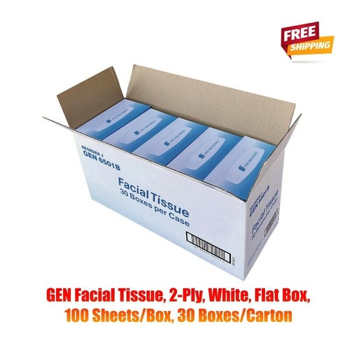 GEN Facial Tissue, 2-Ply, White, Flat Box, 100 Sheets/Box, 30 Boxes ...