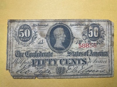 1863 Confederate States 50 Cent Note Richmond CSA Currency Jefferson ...