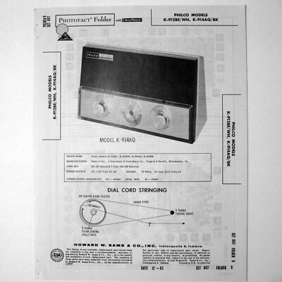 Philco Models K-912BE -WH K-914AQ -BK Tube AM FM Radio SAMS Photofact ...