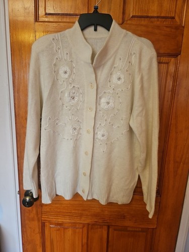 Venesha Angora Women's Button Front White Embellished Sweater Blazer ...