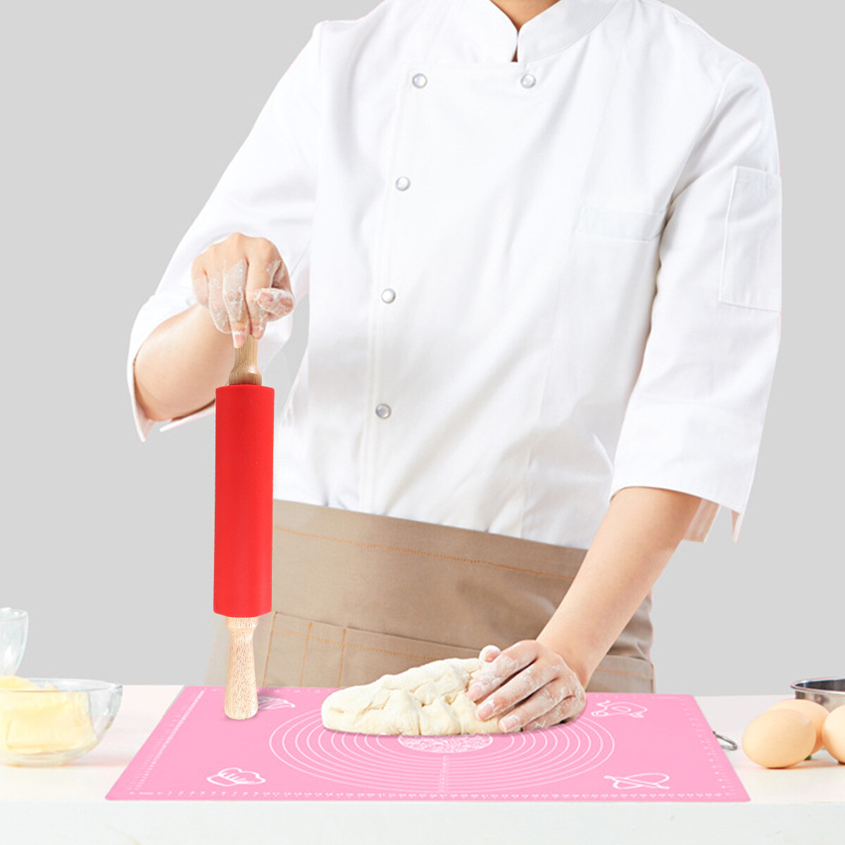 Rolling Pin Food Grade Silicone Non-Stick Fondant Roller Durable Wooden ...