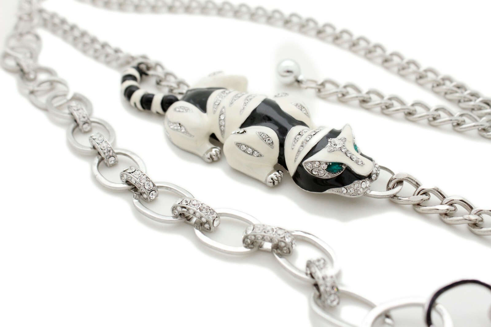 Women Belt Silver Metal Chain Link Wave White Tiger Bling Buckle XS S M ...