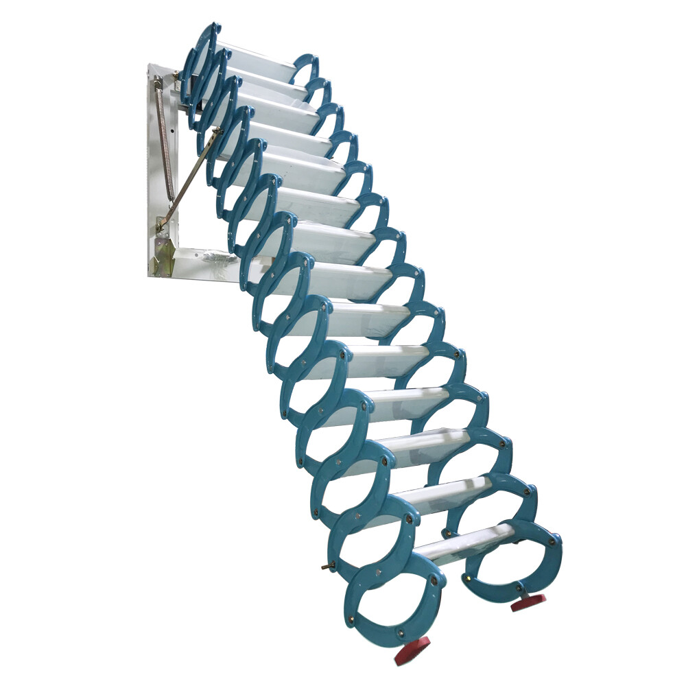 Wall-Mounted Folding Ladder 14Steps Retractable Attic Ladder w/Armrests ...