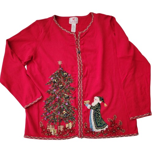 VTG Quacker Factory Christmas Cardigan Red Beaded Embroidered Santa ...