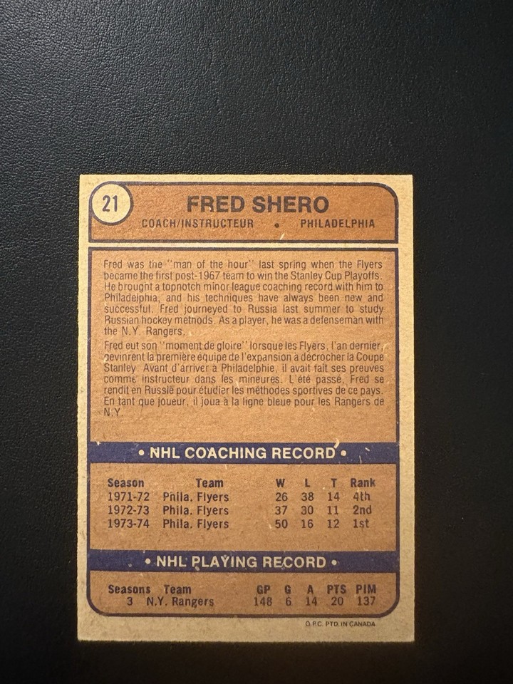 1974-75 RC FRED SHERO #21 ROOKIE OPC Flyers HALL OF FAME Coach Hockey ...