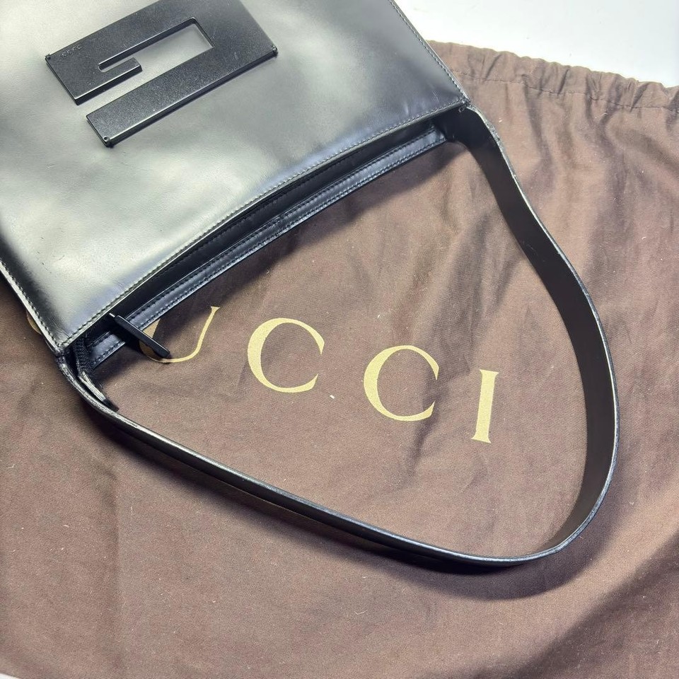GUCCI G Logo Square Handbag Black Leather Crossbody Repaired Authentic ...
