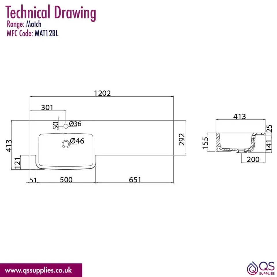Tavistock Match 1200mm Isocast Basin White Left Hand Integrated Worktop ...