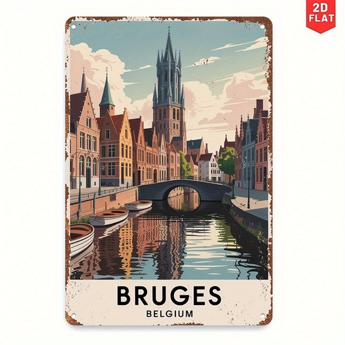 Bruges Belgium Retro Metal Sign Canal Town European Travel Farmhouse ...