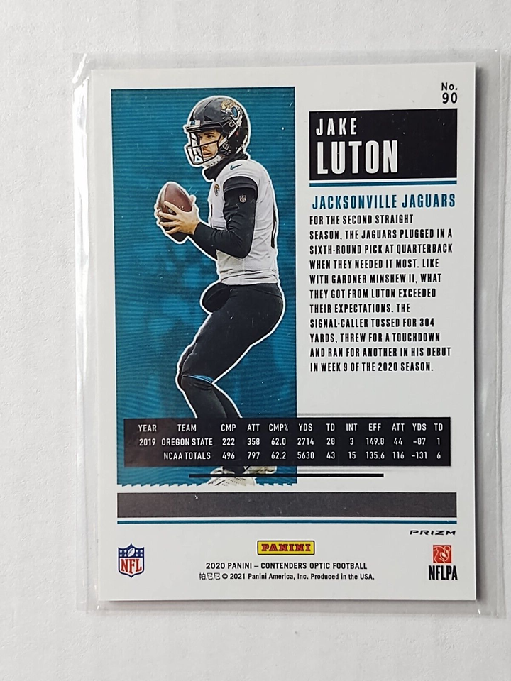 2020 Contenders Optic Rookie Ticket Silver Jake Luton Rookie Card #90 ...