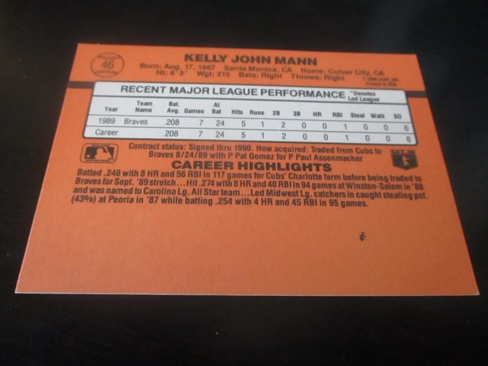 kelly mann (atlanta braves - catcher) 1990 donruss RATED ROOKIE card ...