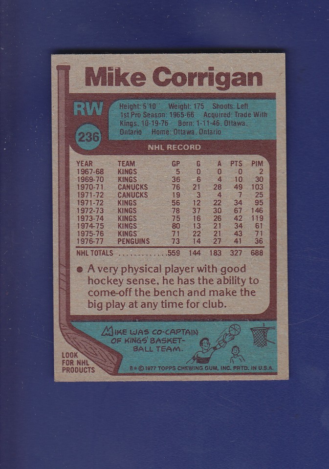 Mike Corrigan 1977-78 TOPPS Hockey #236 (NM) Pittsburgh Penguins | eBay