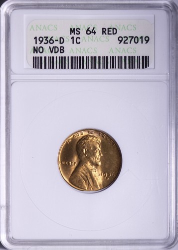 BU 1936-D NO VDB ERROR Lincoln Wheat Cent Penny ANACS MS64 RED Soap Box ...