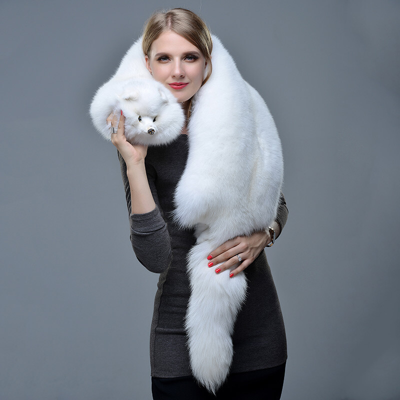 140cm/59" women white fox real Fur scarf/neckerchief winter warm cold ...