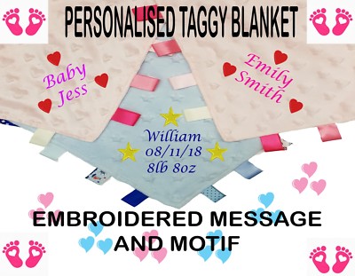 PERSONALISED EMBROIDERED BABY TAGGY TAGGIES BLANKET COMFORTERs BOY ...