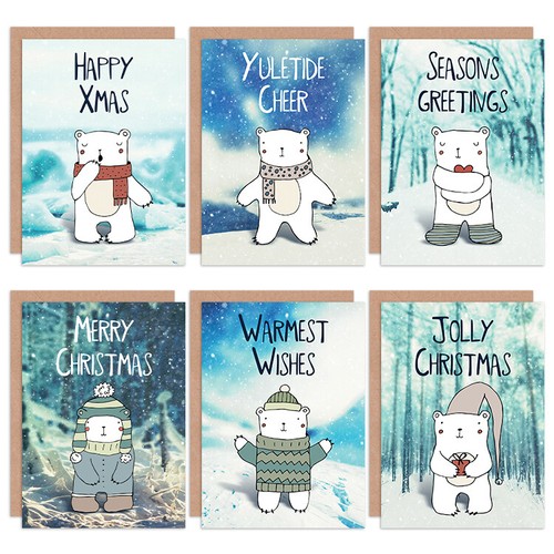Christmas Cards x6 Cute Polar Bears Snow Scene Kids (6 Designs ...
