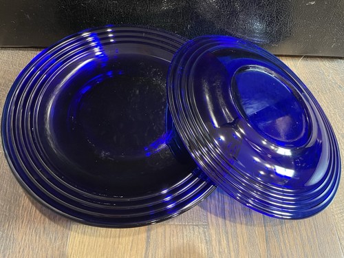 4 Cobalt Blue GLASS Dinner Plates RIBBED Bormioli Rocco FORUM SAPHIR 10 ...