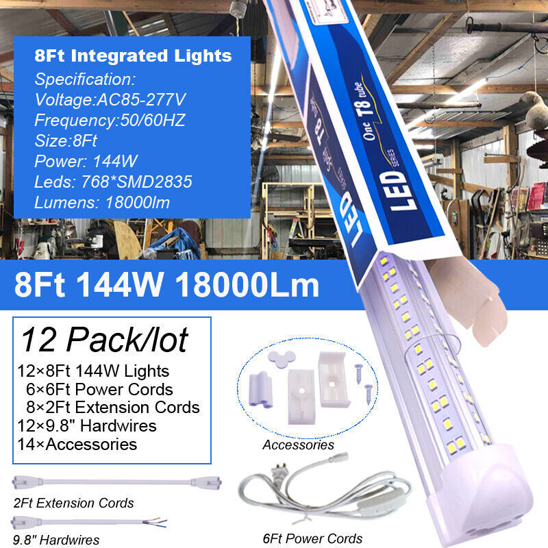 12 Pack T8 8FT LED Shop Lights 144W 18000LM 8' LED Tube Light Bulbs ...