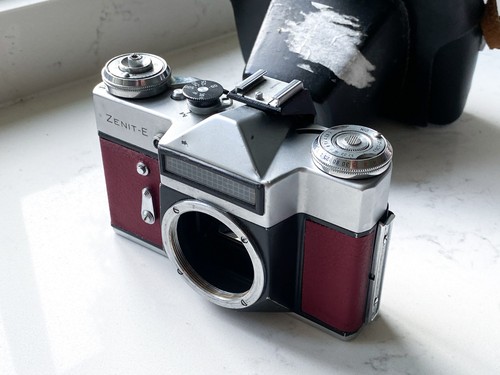 Zenit E 35mm Film Camera Body | Silver | Dark Red Leather | Working ...