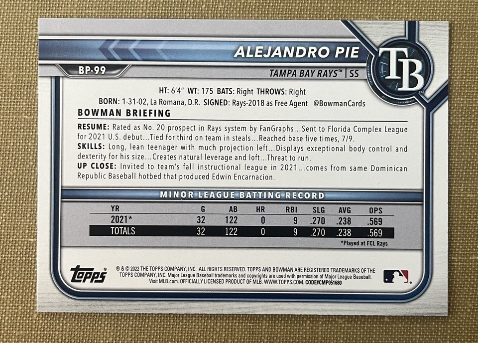 2022 1st Bowman Alejandro Pie #BP-99 Rookie Tampa Bay Rays. | eBay