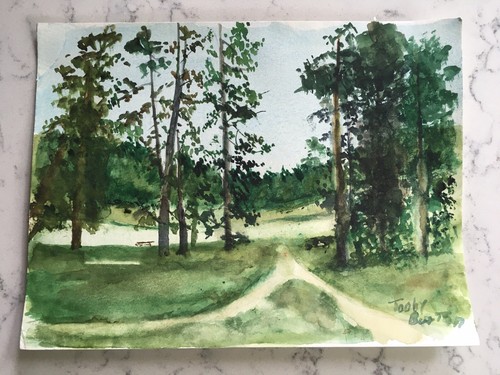 TOOBY BURTON YELLOWSTONE ARTIST WATERCOLOR PAINTING TREE WOODED PATH ...