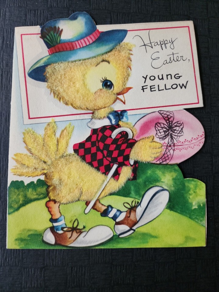 Vtg Easter Greeting Card Diecut Flocked Chick Cane Hat Coat Shoes YOUNG ...