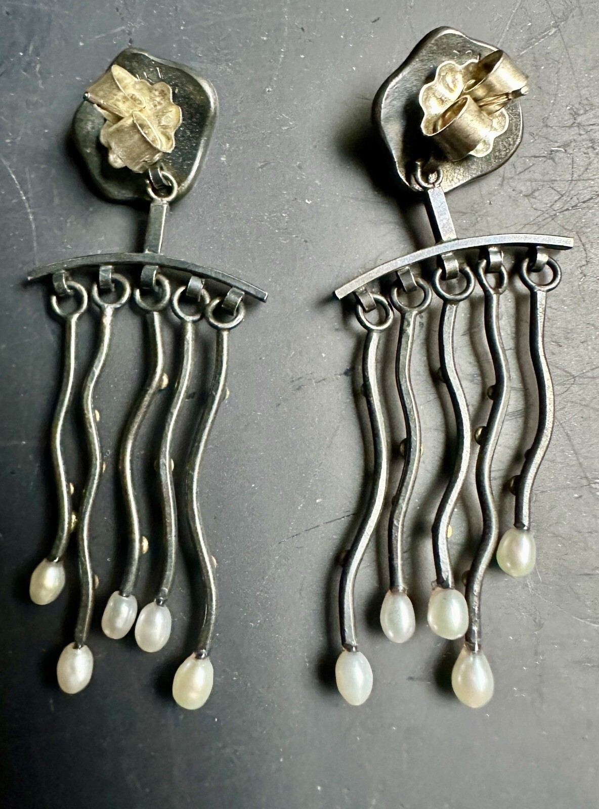 RARE SYDNEY LYNCH MODERNIST EARRINGS OXIDIZED SILVER PEARL ARTISAN ...