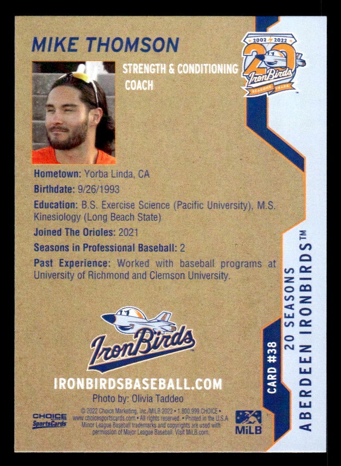 Mike Thomson 2022 Choice Aberdeen IronBirds #38 Aberdeen IronBirds | eBay