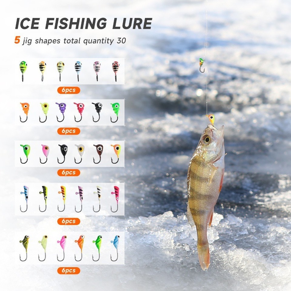 30pcs Ice Fishing Jigs with Carbon Steel Hooks Hard Lures for Bass and ...