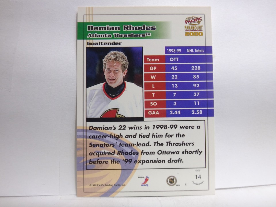 1999-00 Pacific Paramount DAMIAN RHODES Atlanta Thrashers ICE BLUE ...